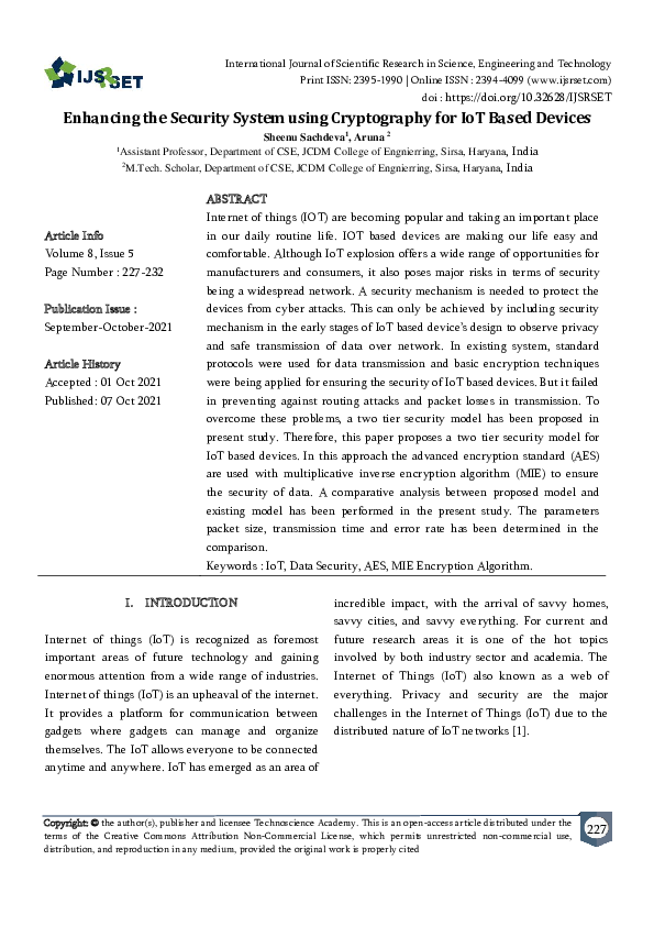 Pdf Enhancing The Security System Using Cryptography For Iot Based Devices International