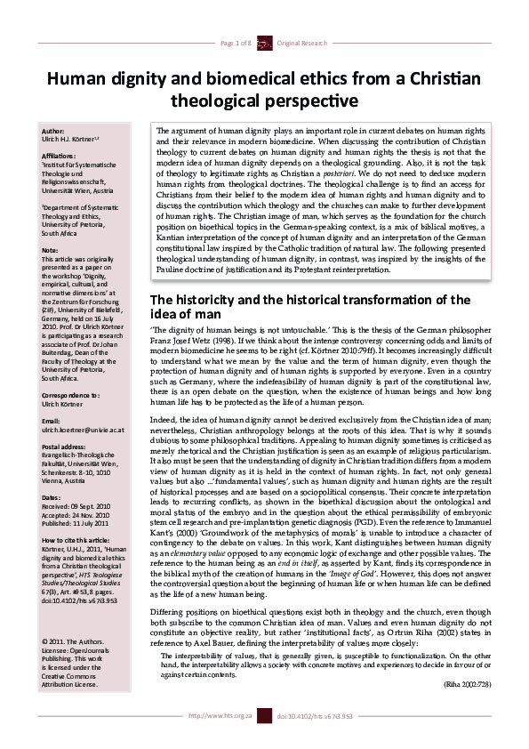(PDF) Human dignity and biomedical ethics from a Christian theological ...