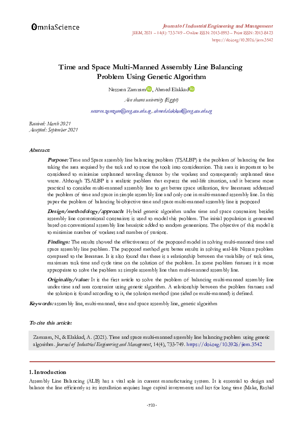 Pdf Time And Space Multi Manned Assembly Line Balancing Problem Using Genetic Algorithm