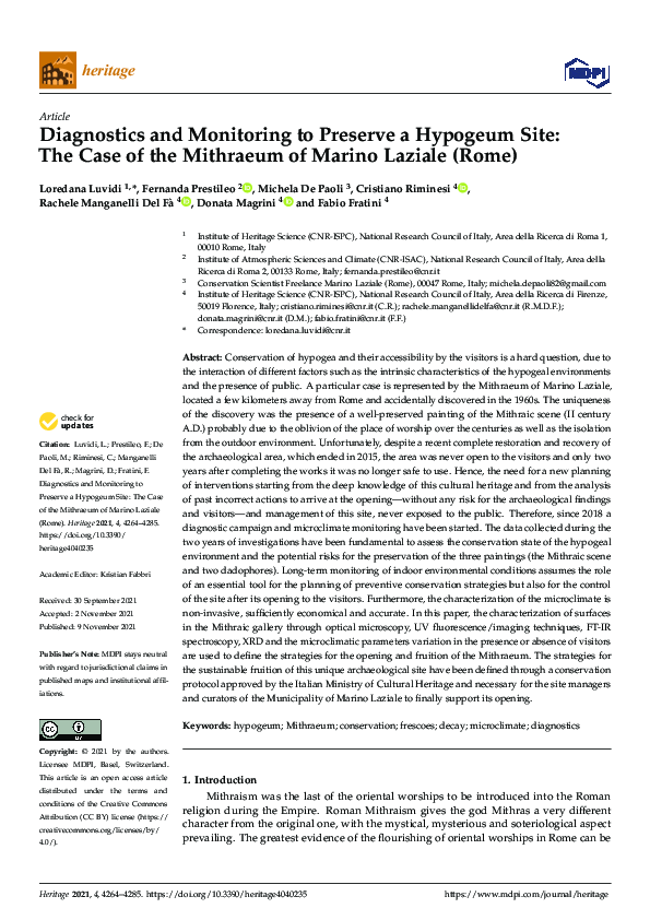 (PDF) Diagnostics and Monitoring to Preserve a Hypogeum Site: The Case of the Mithraeum of ...