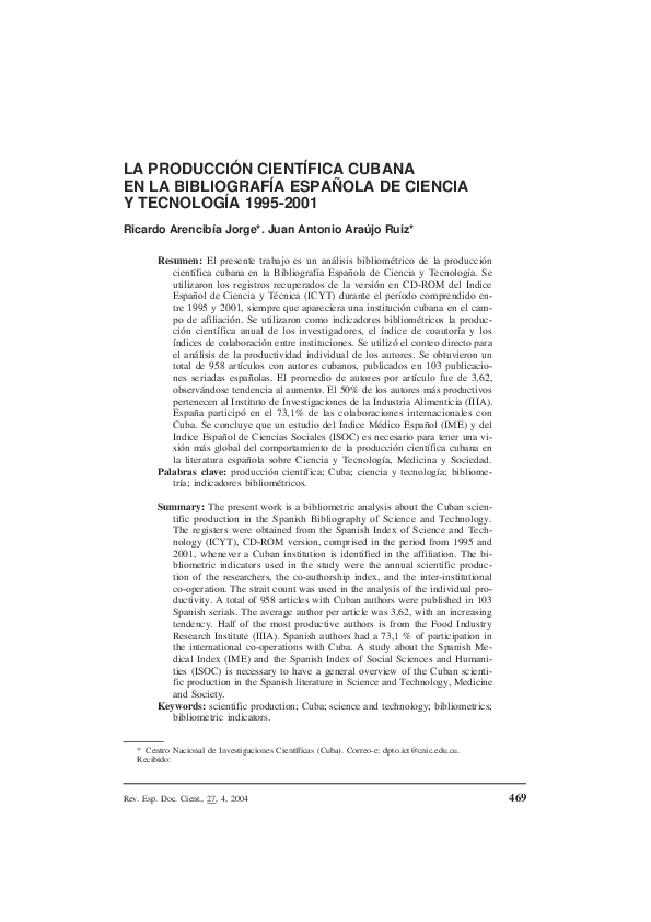 (PDF) La producción científica cubana en la bibliografía española de ciencia y tecnología 1995-2001