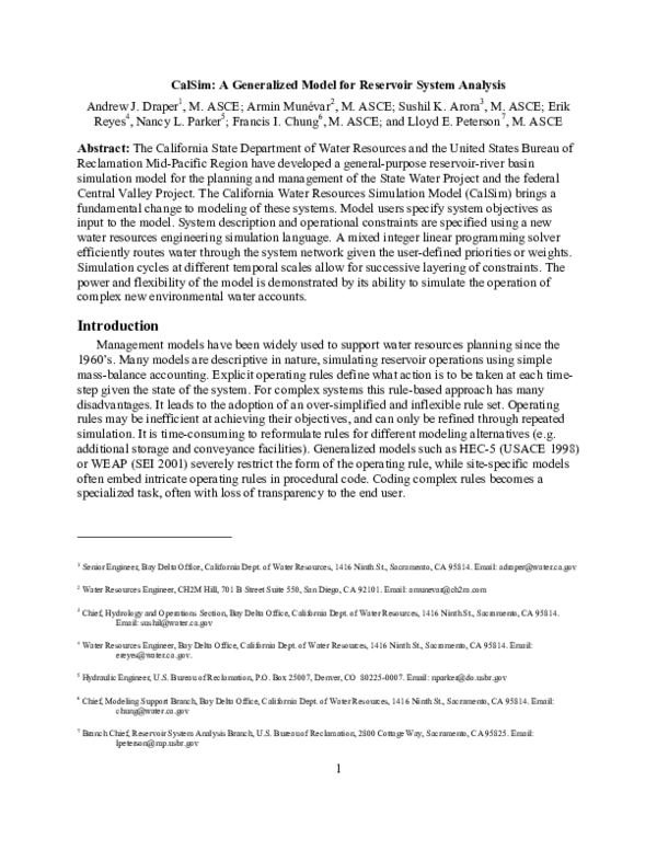 (PDF) CalSim: Generalized Model for Reservoir System Analysis