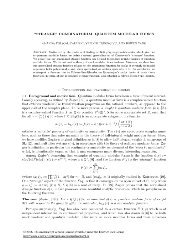 (PDF) “Strange” combinatorial quantum modular forms
