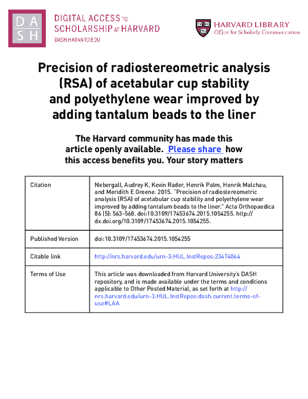 (PDF) Precision of radiostereometric analysis (RSA) of acetabular cup ...