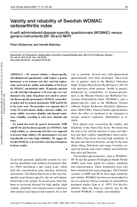 (PDF) Validity and reliability of Swedish WOMAC osteoarthritis index: A ...