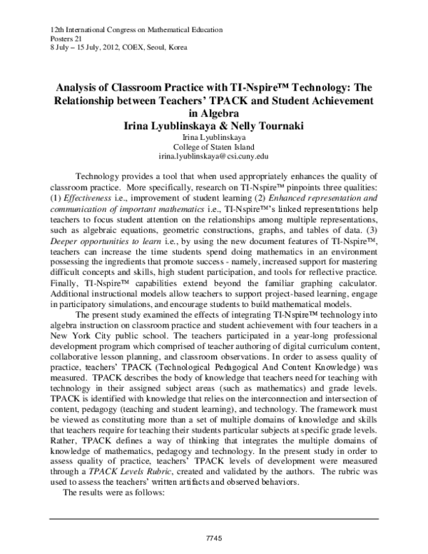 (PDF) Analysis of Classroom Practice with TI-Nspire™ Technology: The ...