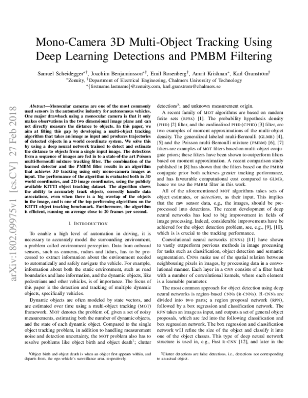 (PDF) Mono-Camera 3D Multi-Object Tracking Using Deep Learning Detections and PMBM Filtering