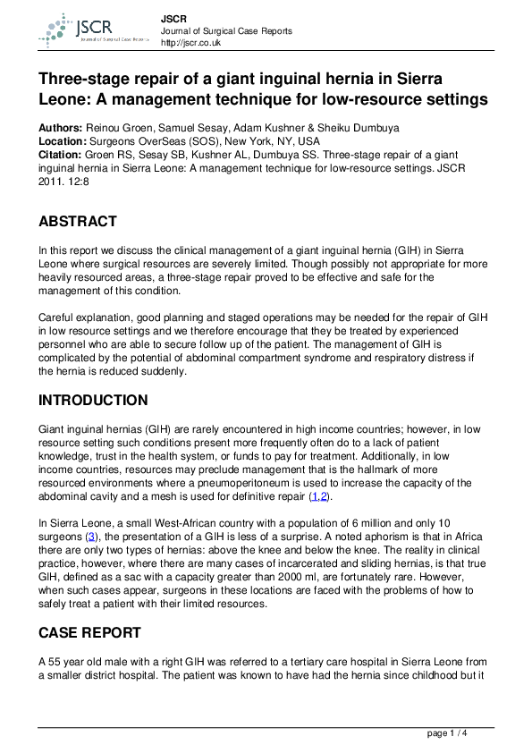 (PDF) Three-stage repair of a giant inguinal hernia in Sierra Leone: A ...