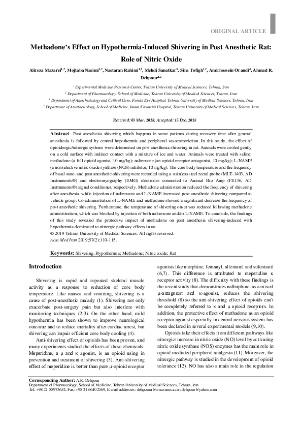 (PDF) Methadone’s Effect on Hypothermia-Induced Shivering in Post ...