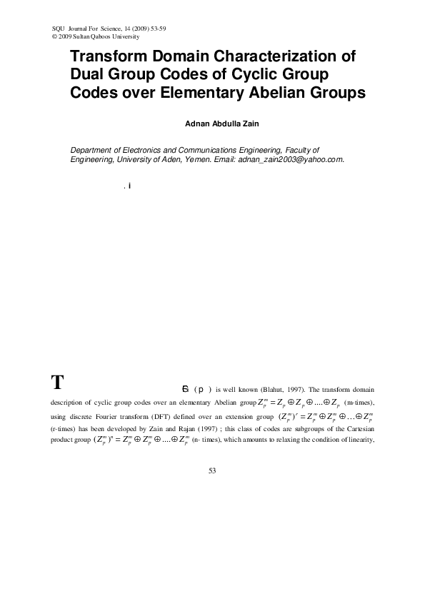 (PDF) Transform Domain Characterization of Dual Group Codes of Cyclic Group Codes over ...