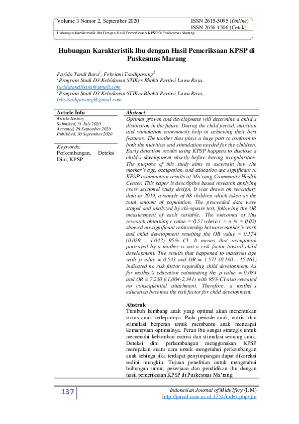 (PDF) Hubungan Karakteristik Ibu dengan Hasil Pemeriksaan KPSP di Puskesmas Marang