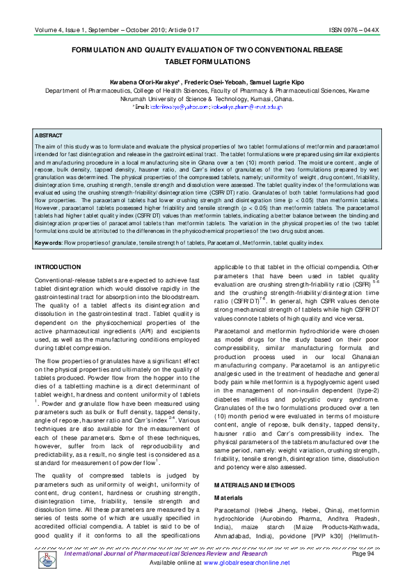 Pdf Formulation And Quality Evaluation Of Two Conventional Release Tablet Formulations