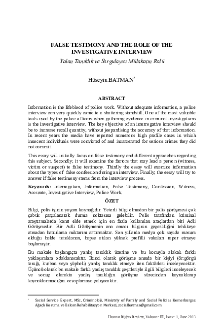 (PDF) FALSE TESTIMONY AND THE ROLE OF THE INVESTIGATIVE INTERVIEW