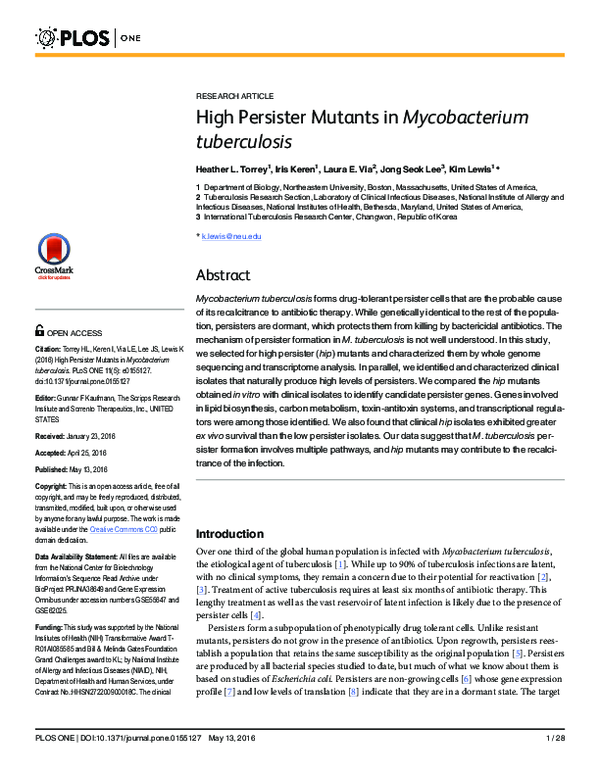 (PDF) High Persister Mutants in Mycobacterium tuberculosis