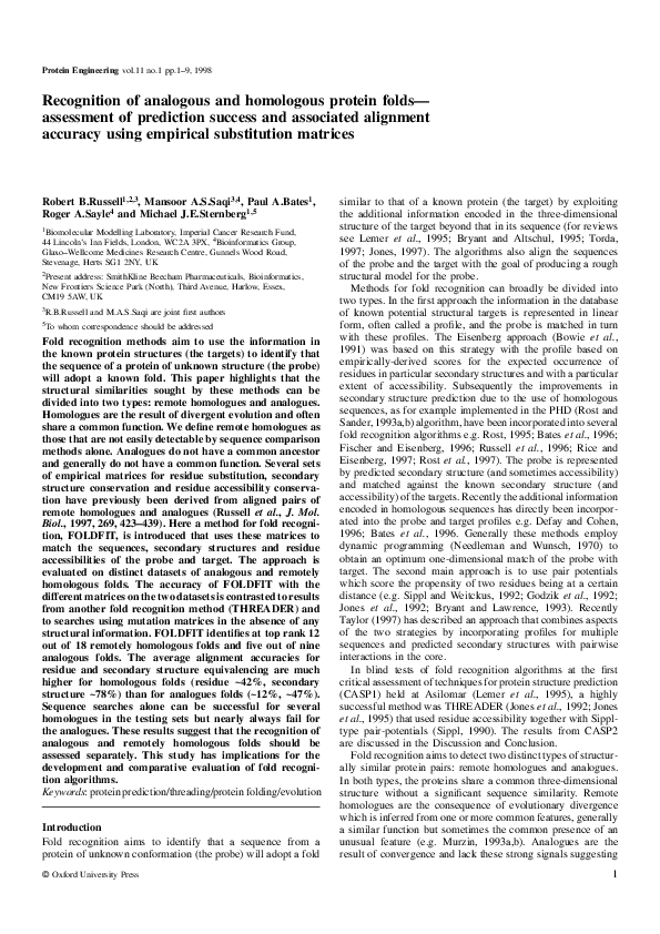 (PDF) Recognition of analogous and homologous protein folds: analysis of sequence and structure ...
