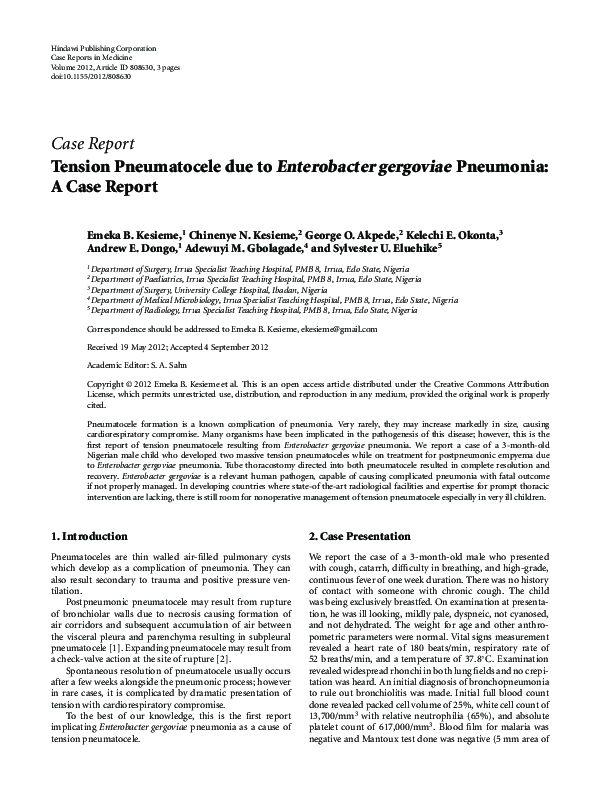 (PDF) Tension Pneumatocele due to Enterobacter gergoviae Pneumonia: A ...