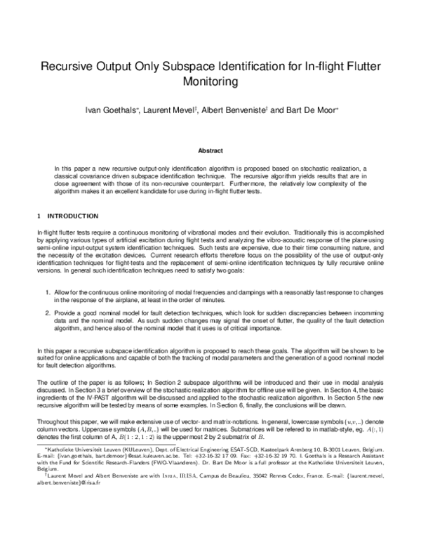 (PDF) Recursive output-only subspace identification for in-flight flutter monitoring