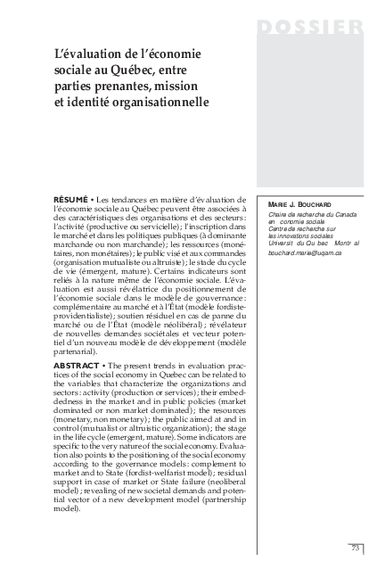 (PDF) L'évaluation de l'économie sociale au Québec, entre parties ...