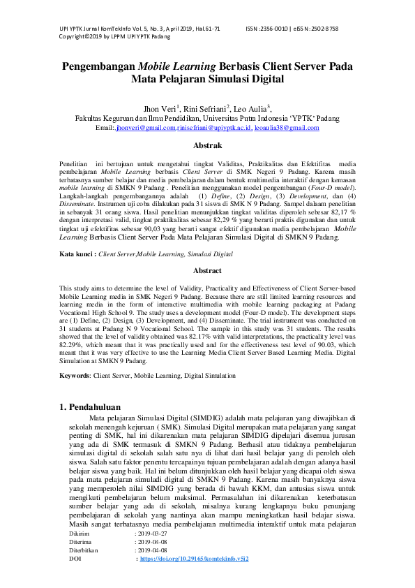 Pdf Pengembangan Mobile Learning Berbasis Client Server Pada Mata Pelajaran Simulasi Digital
