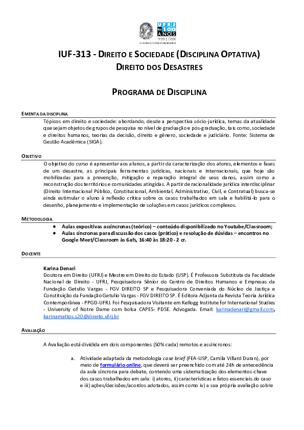 (PDF) Programa de Disciplina | Direito dos Desastres 2021.2 | Karina Denari - Academia.edu