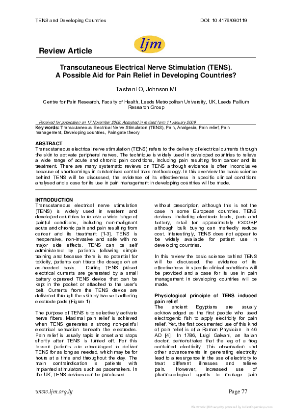 (PDF) Transcutaneous Electrical Nerve Stimulation (TENS) A Possible Aid for Pain Relief in ...