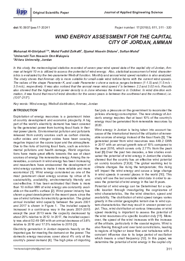 (PDF) Wind energy assessment for the capital city of Jordan, Amman