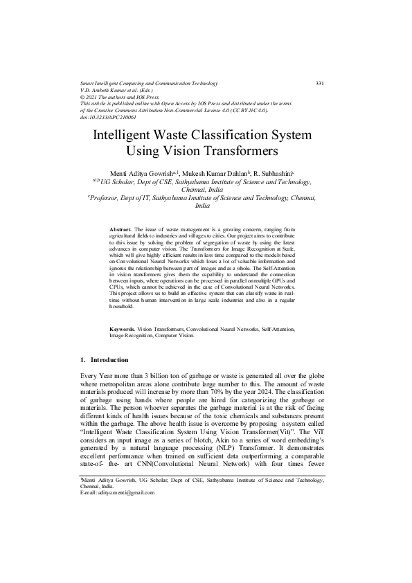(PDF) Intelligent Waste Classification System Using Vision Transformers