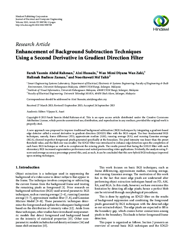 Pdf Enhancement Of Background Subtraction Techniques Using A Second Derivative In Gradient