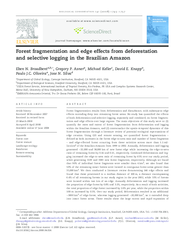 (PDF) Forest fragmentation and edge effects from deforestation and ...