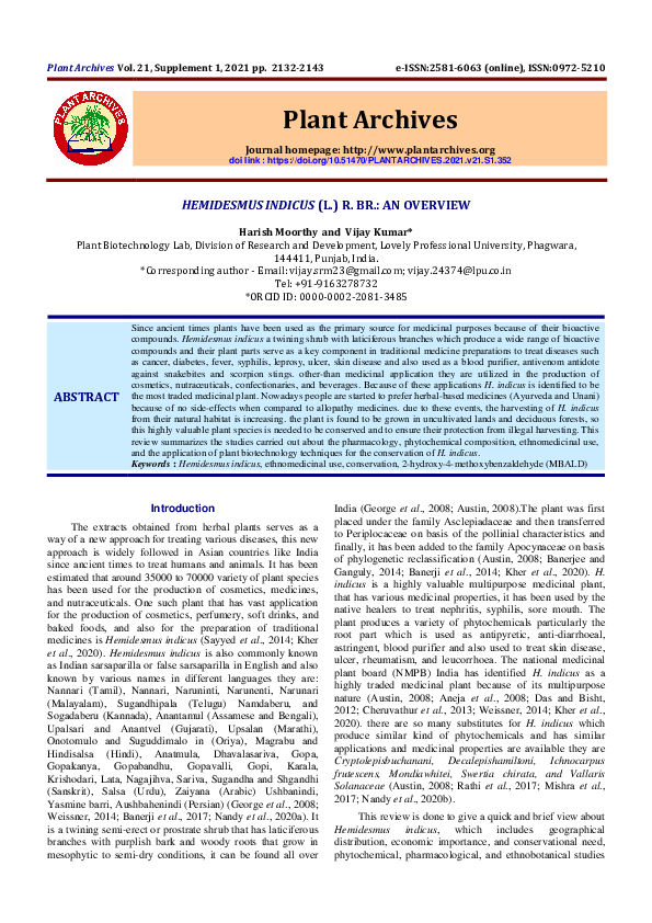 (PDF) Hemidesmus Indicus (L.) R. BR.: An Overview | Harish Moorthy ...