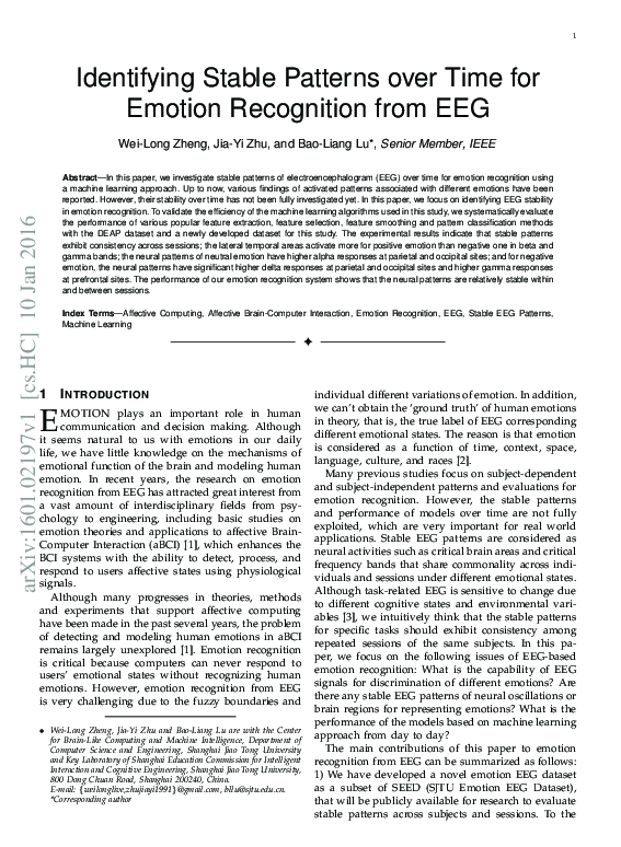 (PDF) Identifying Stable Patterns over Time for Emotion Recognition from EEG