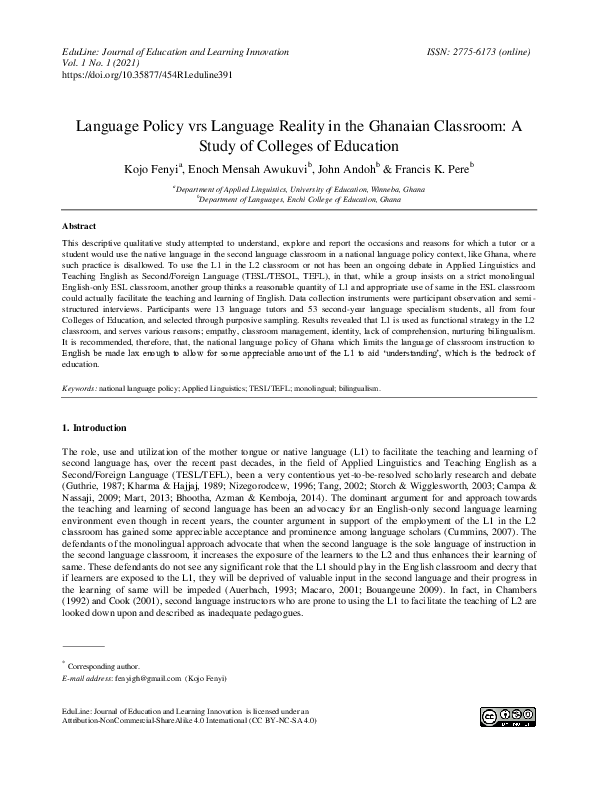 (PDF) Language Policy vrs Language Reality in the Ghanaian Classroom: A ...