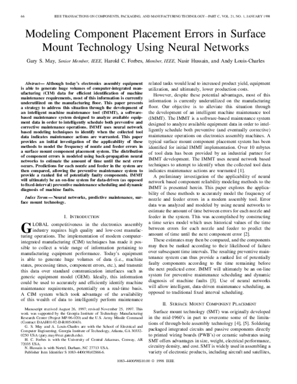 Pdf Modeling Component Placement Errors In Surface Mount Technology Using Neural Networks