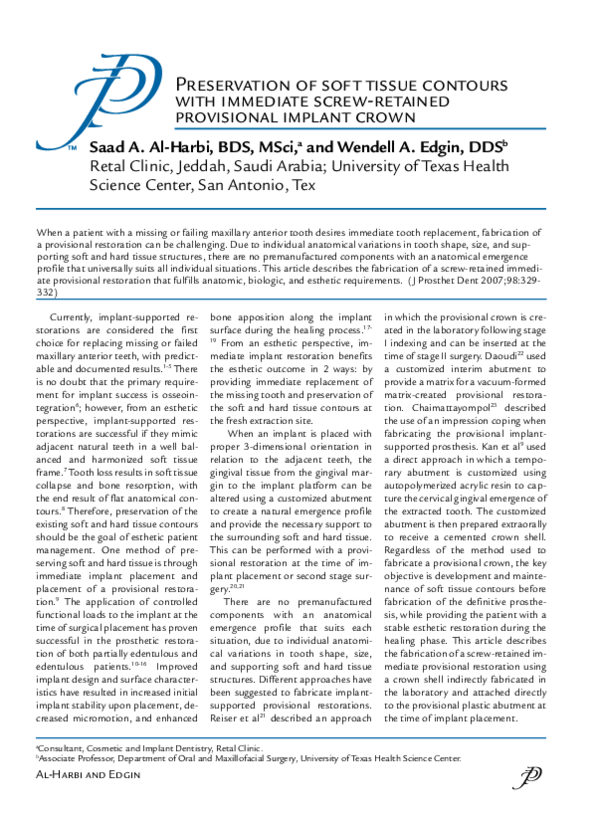 (PDF) Preservation of soft tissue contours with immediate screw ...