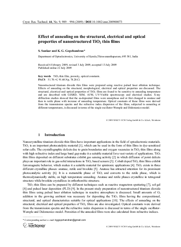 (PDF) Effect of annealing on the structural, electrical and optical properties of nanostructured ...
