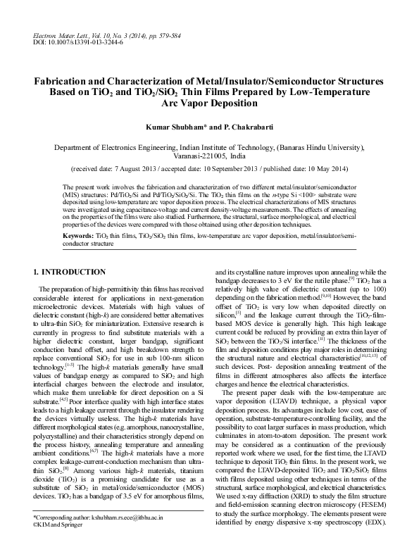 (PDF) Fabrication and characterization of metal/insulator/semiconductor structures based on TiO2 ...