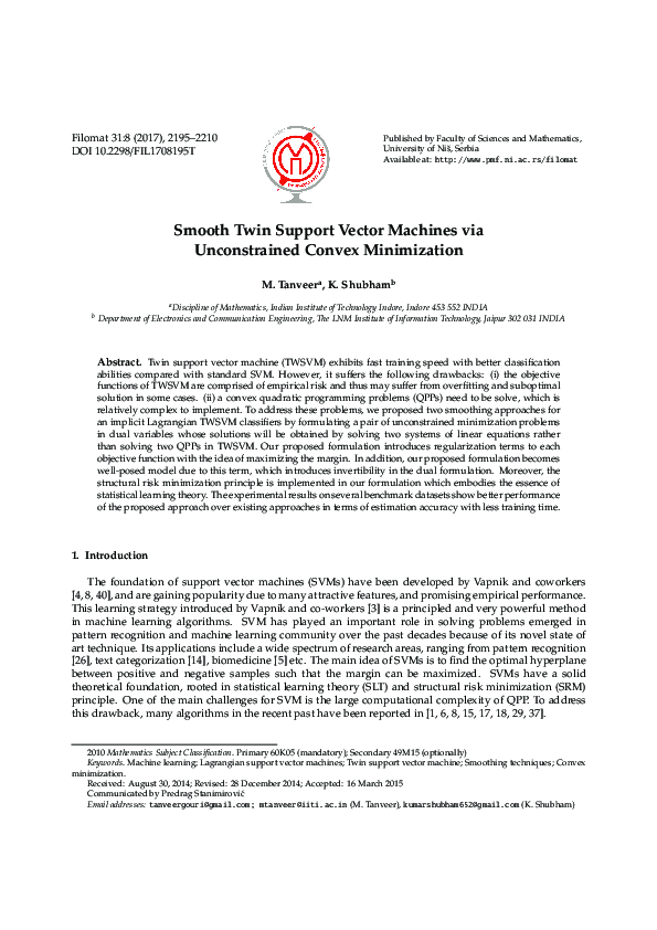 Pdf Smooth Twin Support Vector Machines Via Unconstrained Convex Minimization