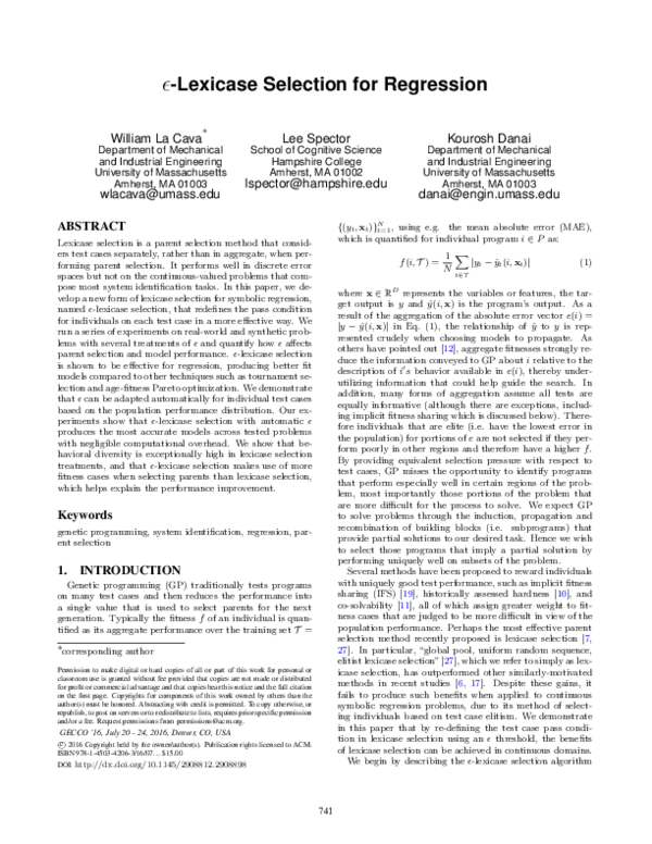 (PDF) Epsilon-Lexicase Selection for Regression