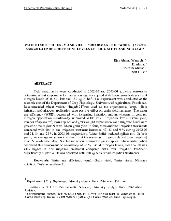 Pdf Water Use Efficiency And Yield Performance Of Wheat Triticum