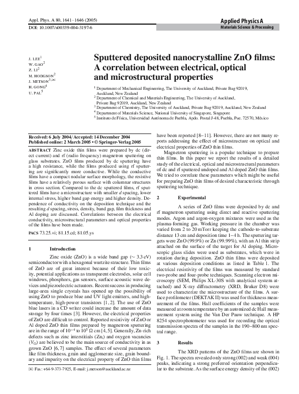 (PDF) Sputtered deposited nanocrystalline ZnO films: A correlation between electrical, optical ...
