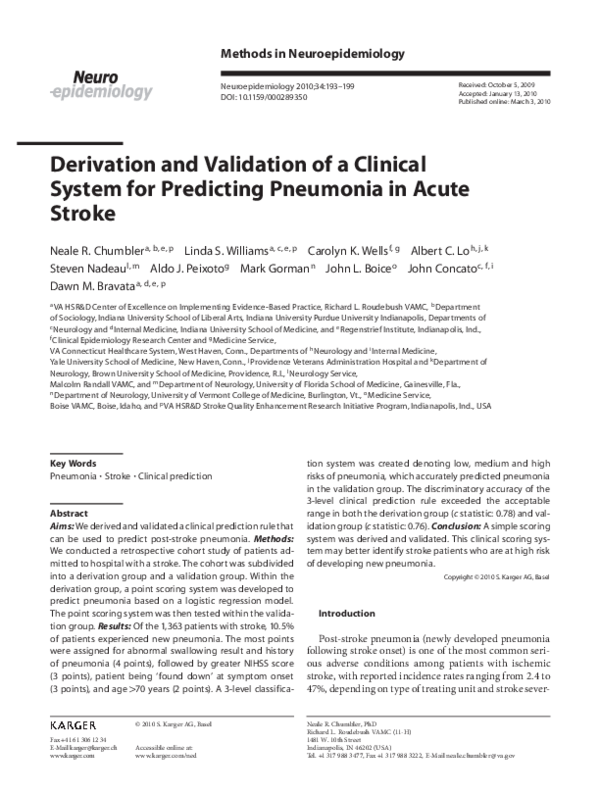 (PDF) Derivation and Validation of a Clinical System for Predicting Pneumonia in Acute Stroke