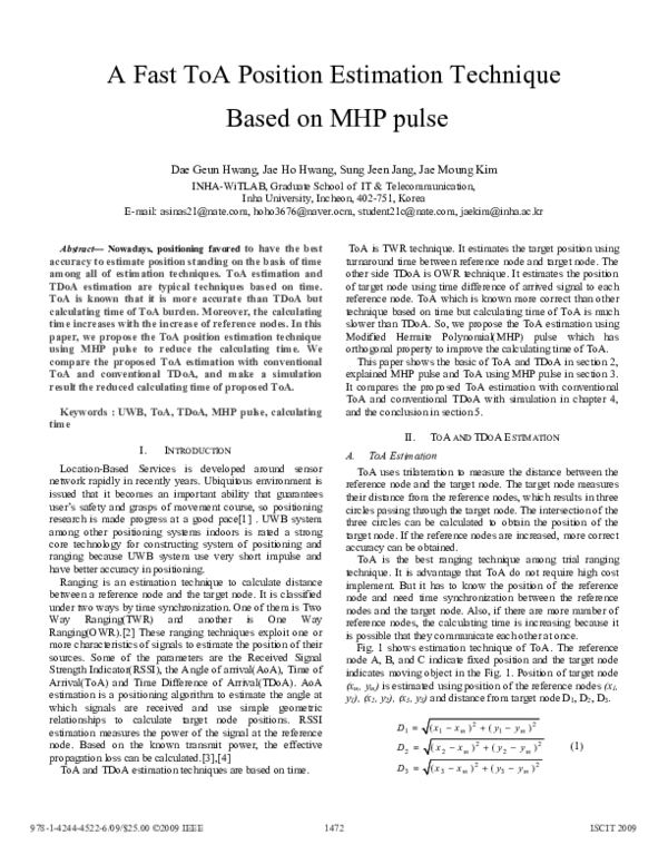 (PDF) A fast ToA position estimation technique based on MHP pulse