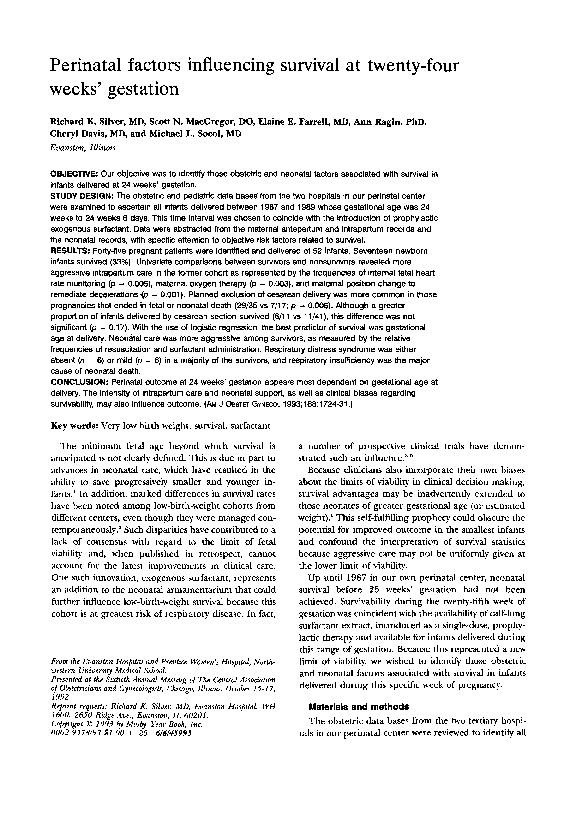 (PDF) Perinatal factors influencing survival at twenty-four weeks ...