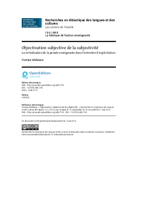 (PDF) Objectivation subjective de la subjectivité