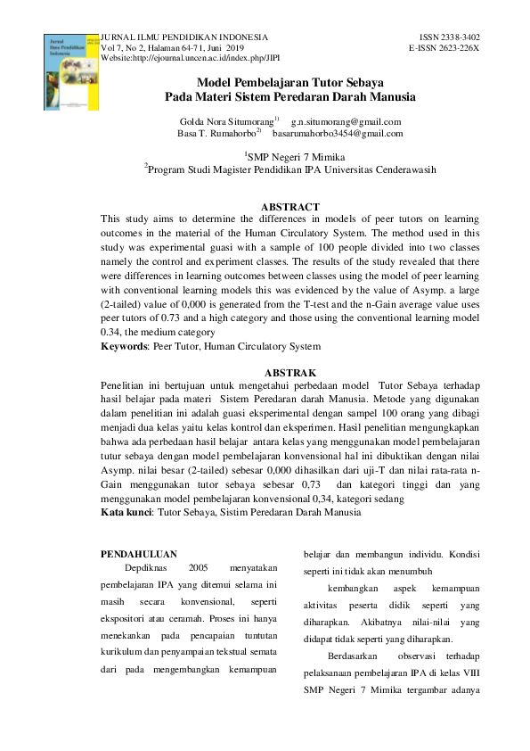 (PDF) Model Pembelajaran Tutor Sebaya Pada Materi Sistem Peredaran Darah Manusia