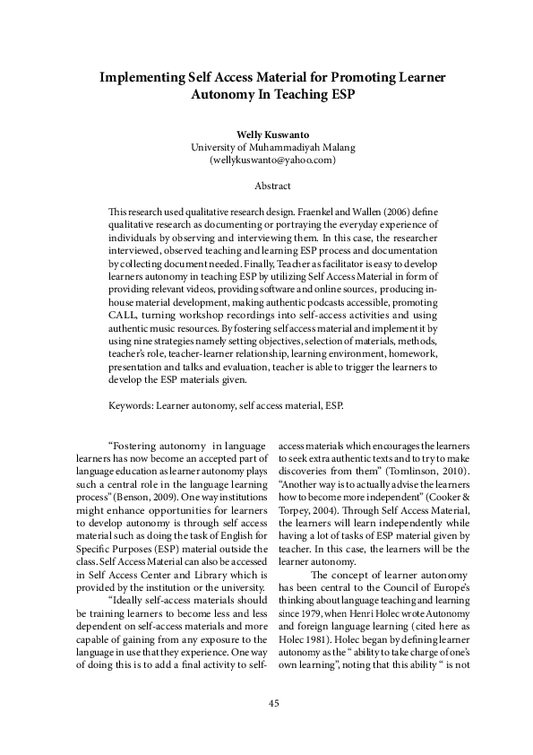 (PDF) Implementing Self Access Material for Promoting Learner Autonomy In Teaching ESP