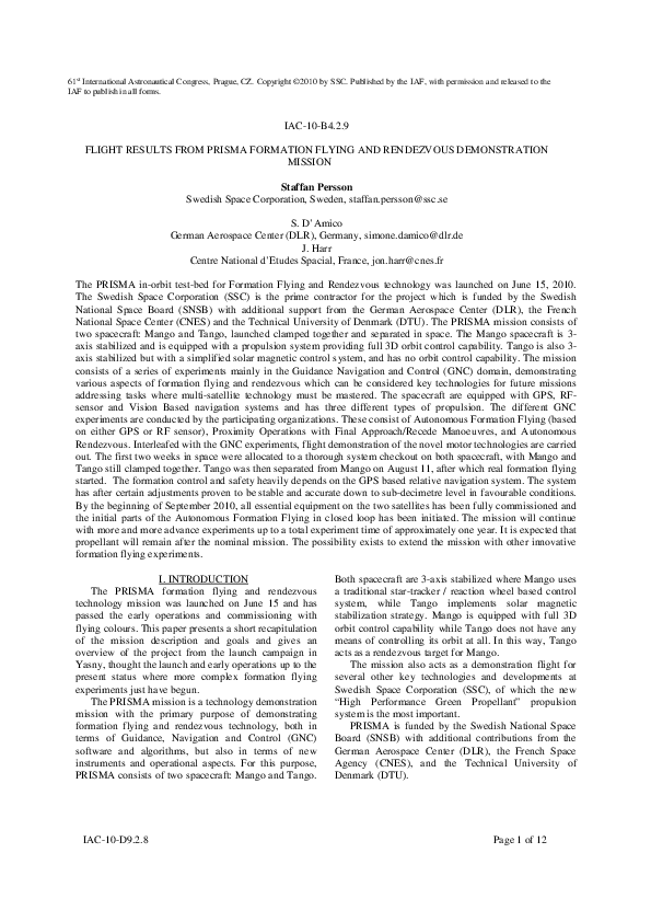 (PDF) Flight Results from PRISMA Formation Flying and Rendezvous Demonstration Mission