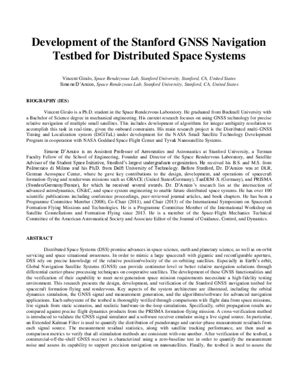 Pdf Development Of The Stanford Gnss Navigation Testbed For