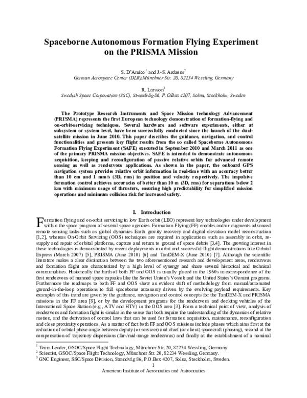 (PDF) Spaceborne Autonomous Formation-Flying Experiment on the PRISMA Mission