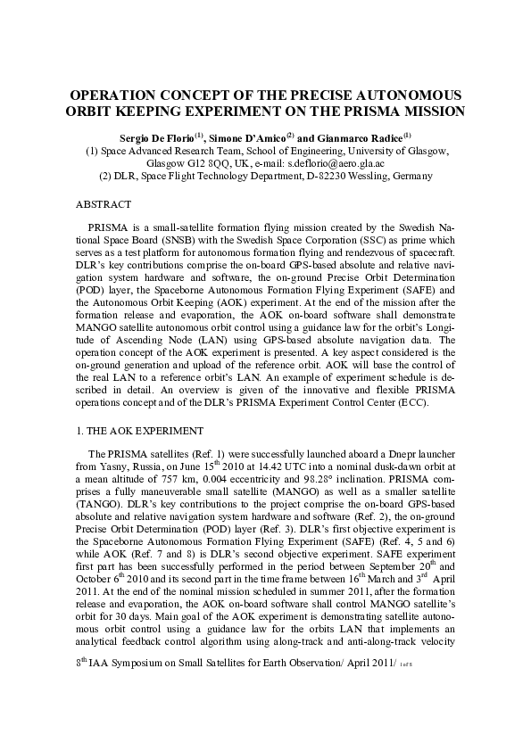 (PDF) Operation Concept of the Precise Autonomous Orbit Keeping Experiment on the PRISMA Mission